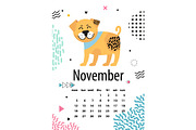 November Page of Calendar Vector Illustration, an Animal Illustration ...