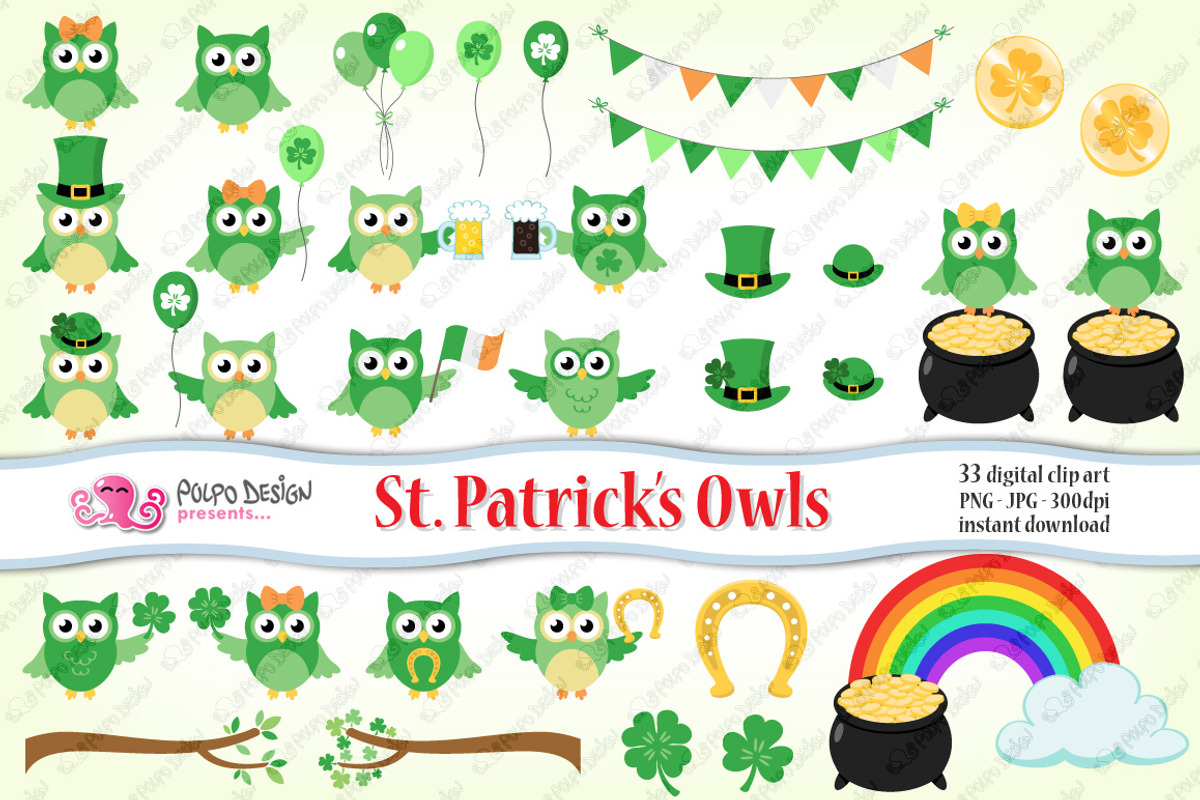 St. Patrick's day owls clipart, an Object Graphic by PolpoDesign