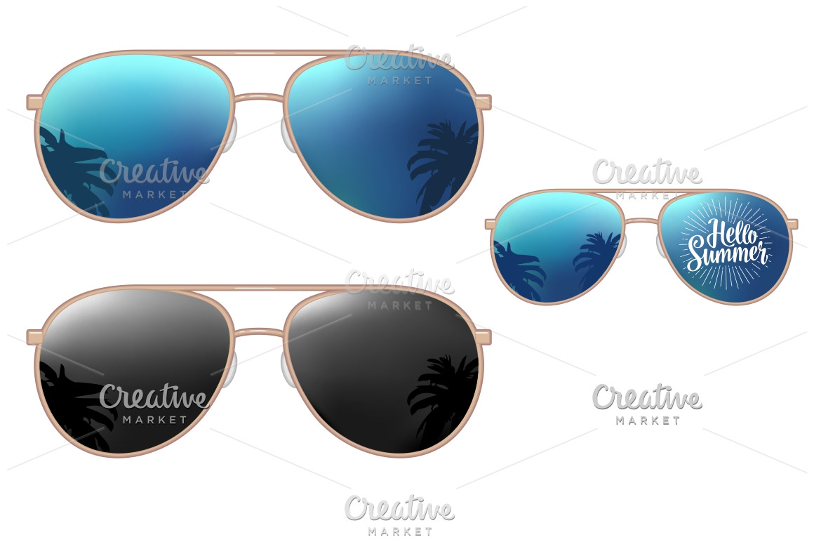 Aviator modern sunglasses with palms reflection. Vector color flat illustration, an Illustration ...