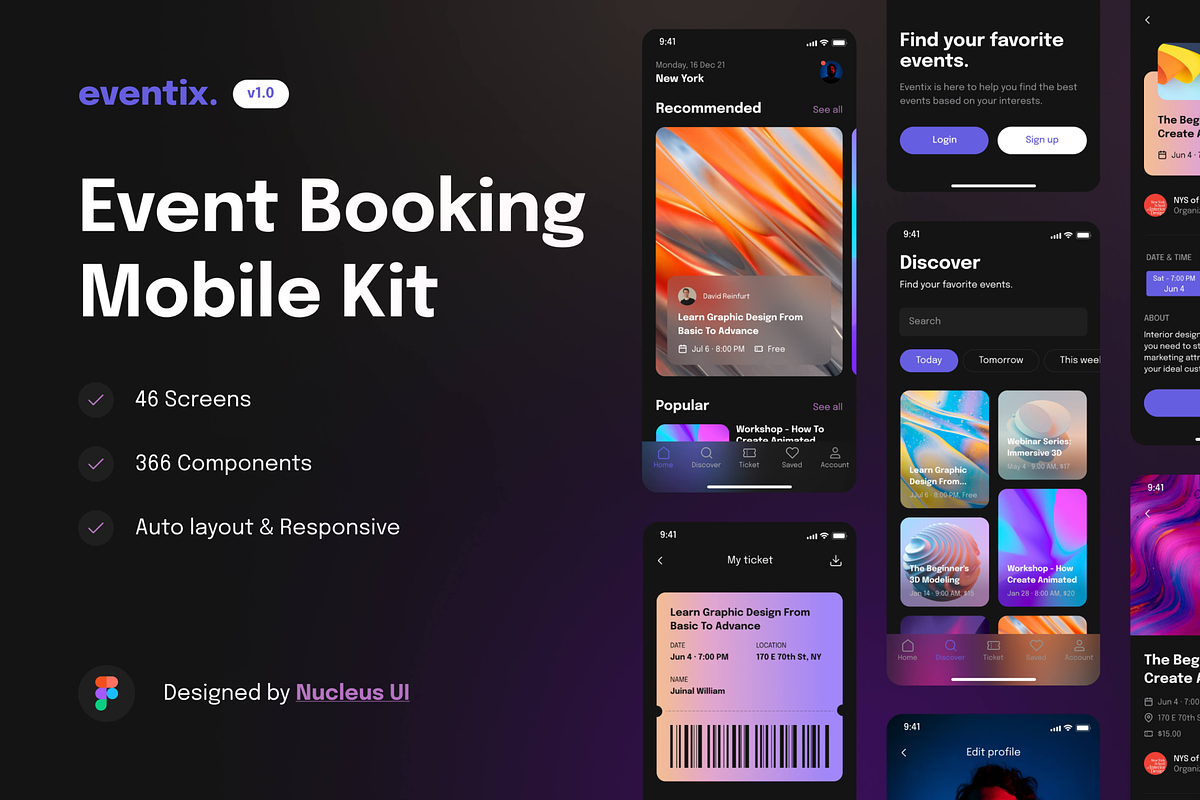 Event booking mobile UI kit for Figma