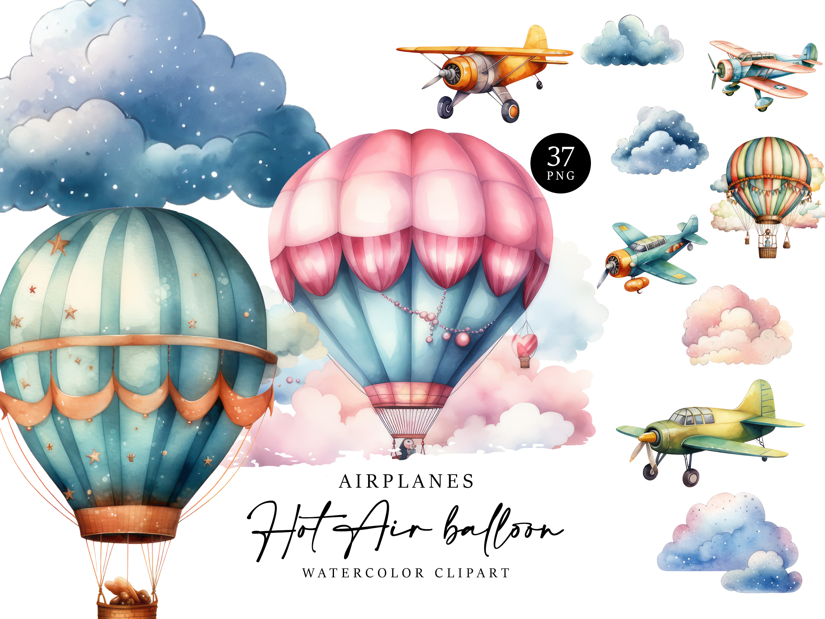 Watercolor Airplanes Hot Air Balloon, an Object Illustration by Design ...