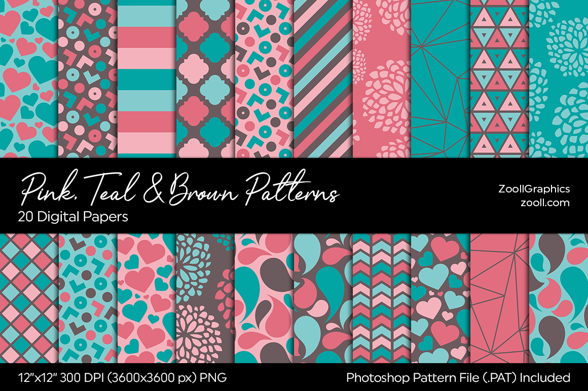 Pink, Teal & Brown Digital Papers | Graphic Patterns ~ Creative Market