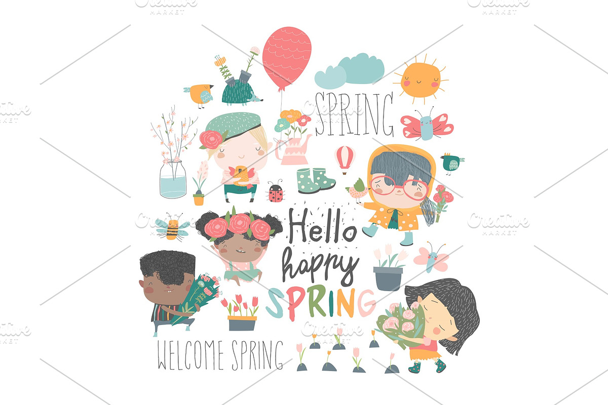 Set of cartoon children and spring, a Decorative Illustration by Maria ...