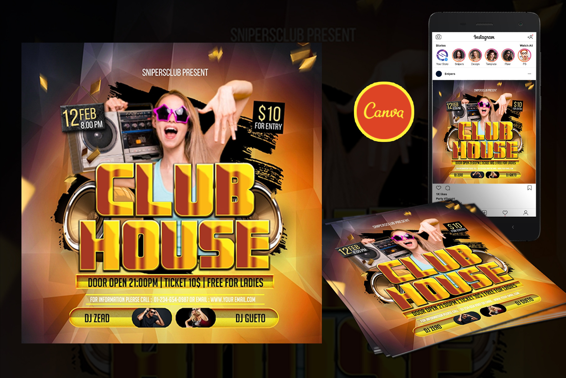 Club House Flyer Canva Template, a Social Media Template by DreamColor