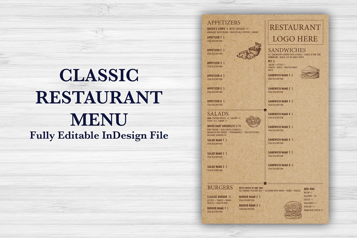 Classic Restaurant Food Menu, a Stationery Template by BF Studios