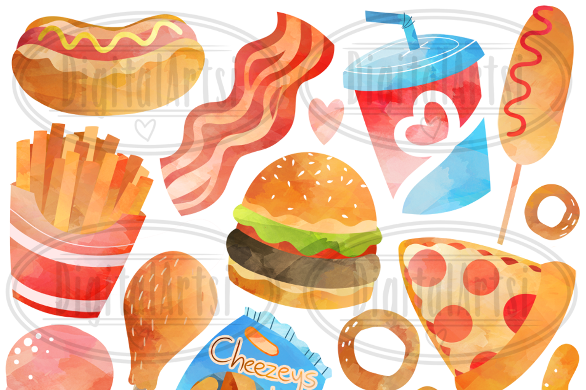 Watercolor Junk Food Clipart, a Food Illustration by DigitalArtsi