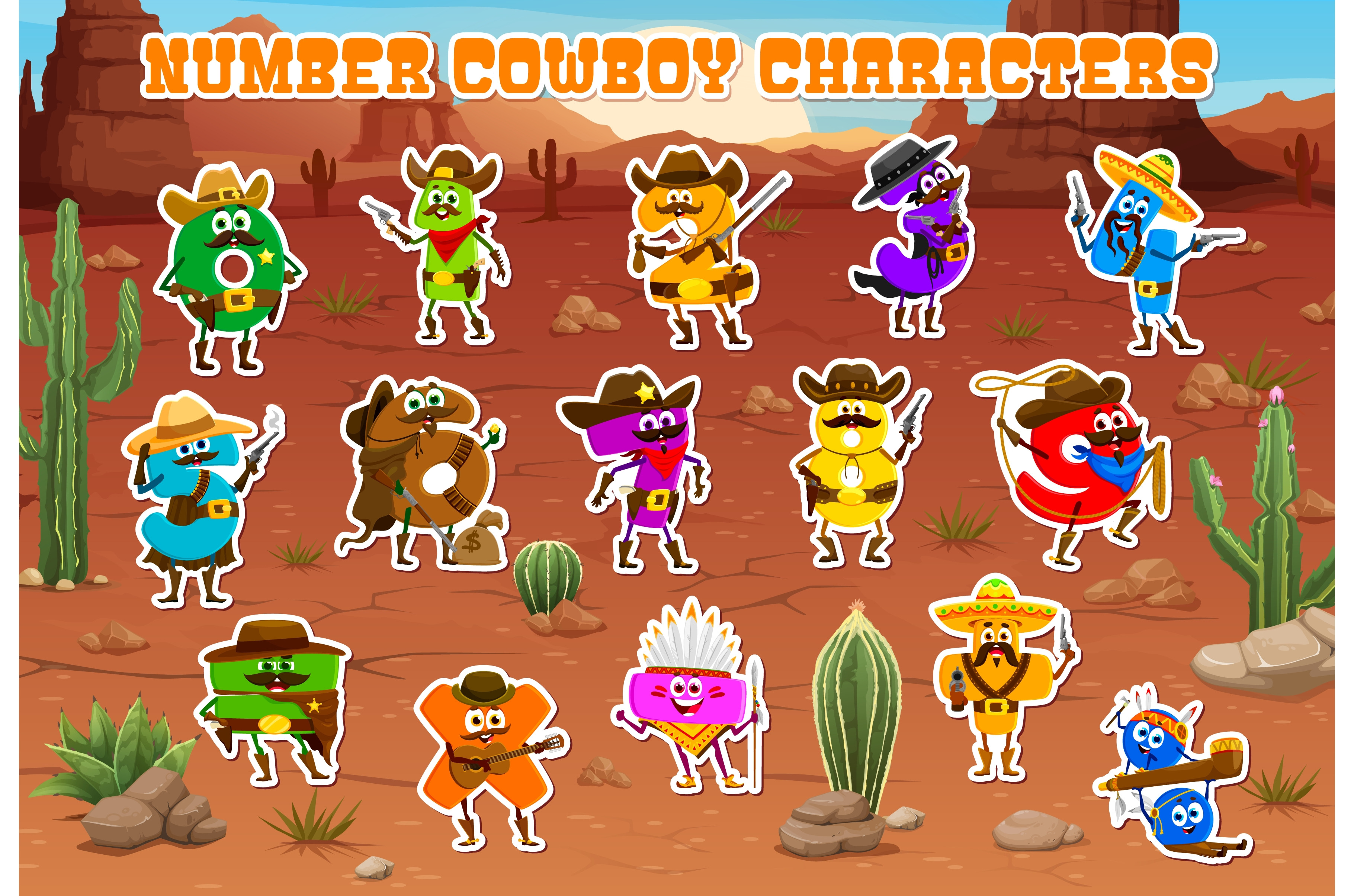 Cartoon numbers cowboys, a Person Illustration by Vector Tradition