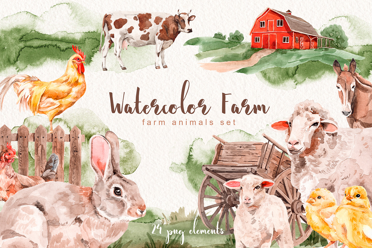 Watercolor farm animal set, an Animal Illustration by Alamella