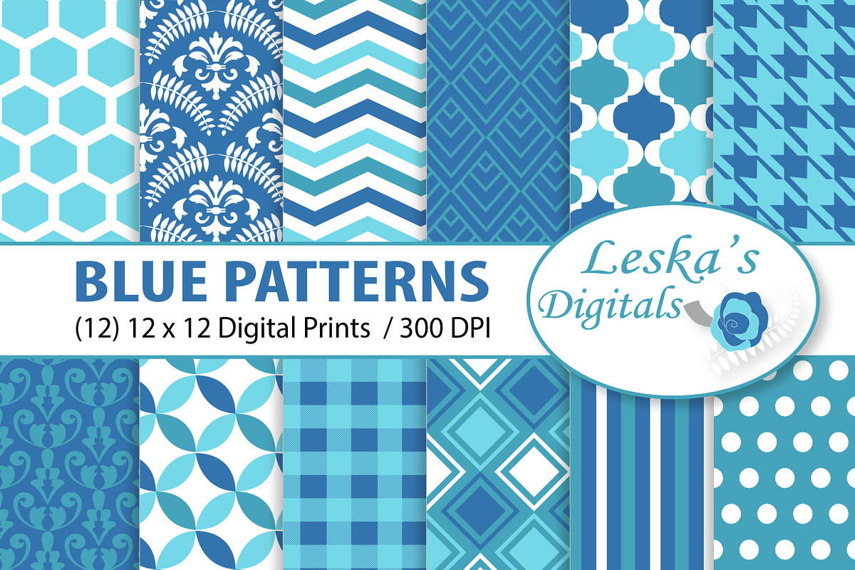 Digital Paper - Blue Patterns, a Pattern Graphic by Leska's Digitals ...