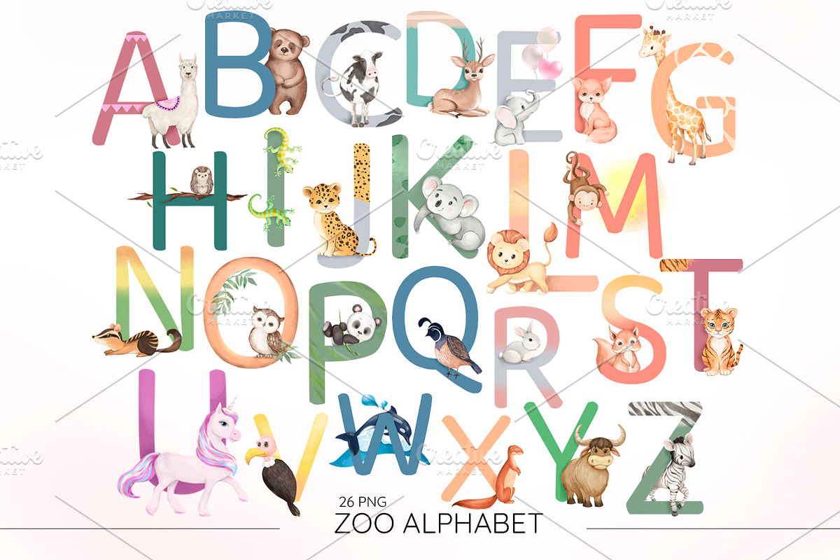 Watercolor Animals Alphabet Clipart, an Animal Illustration by StudioBeeArt