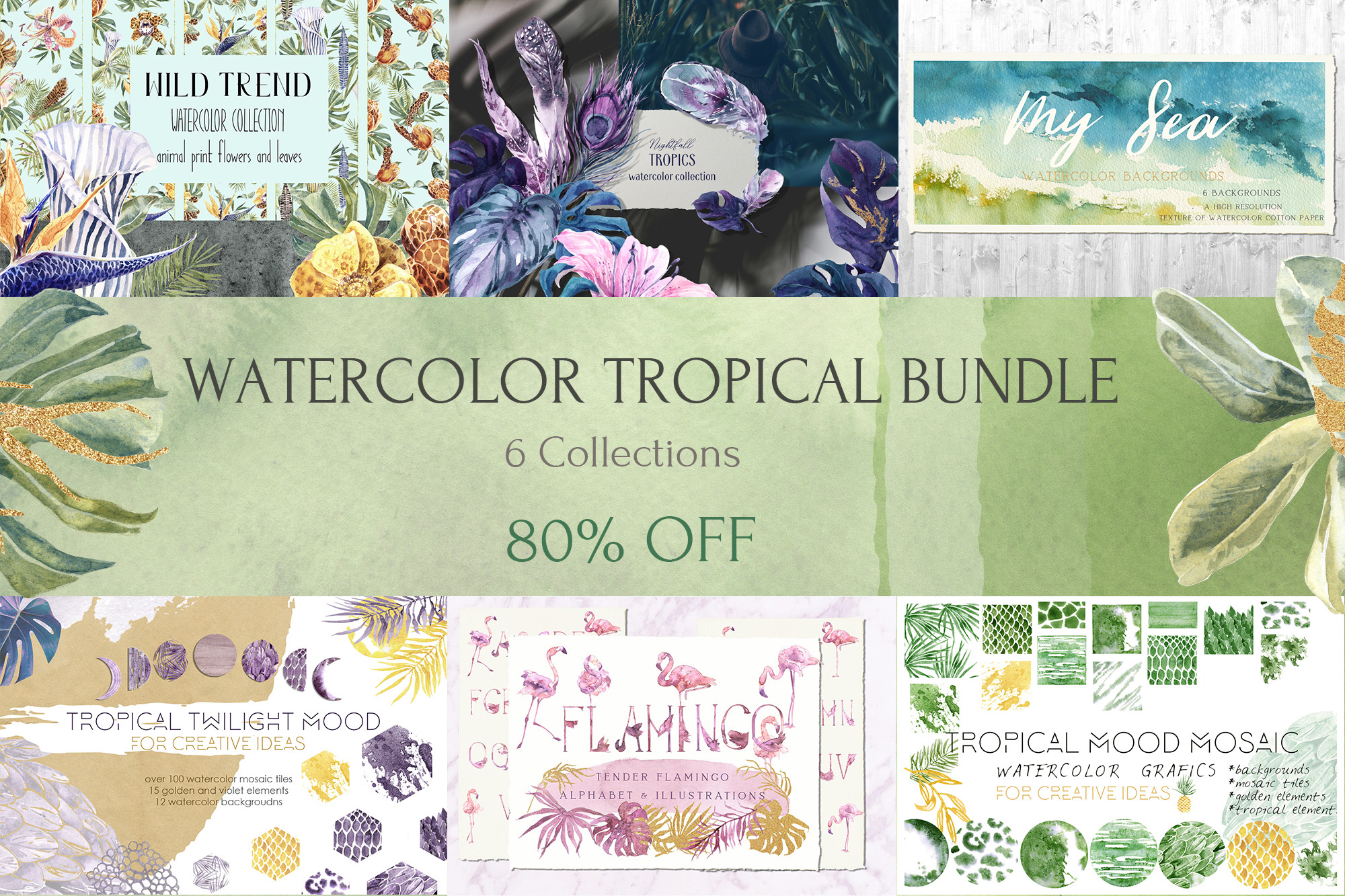 -80% Watercolor Tropical Bundle, an Animal Illustration by Cat In Colour