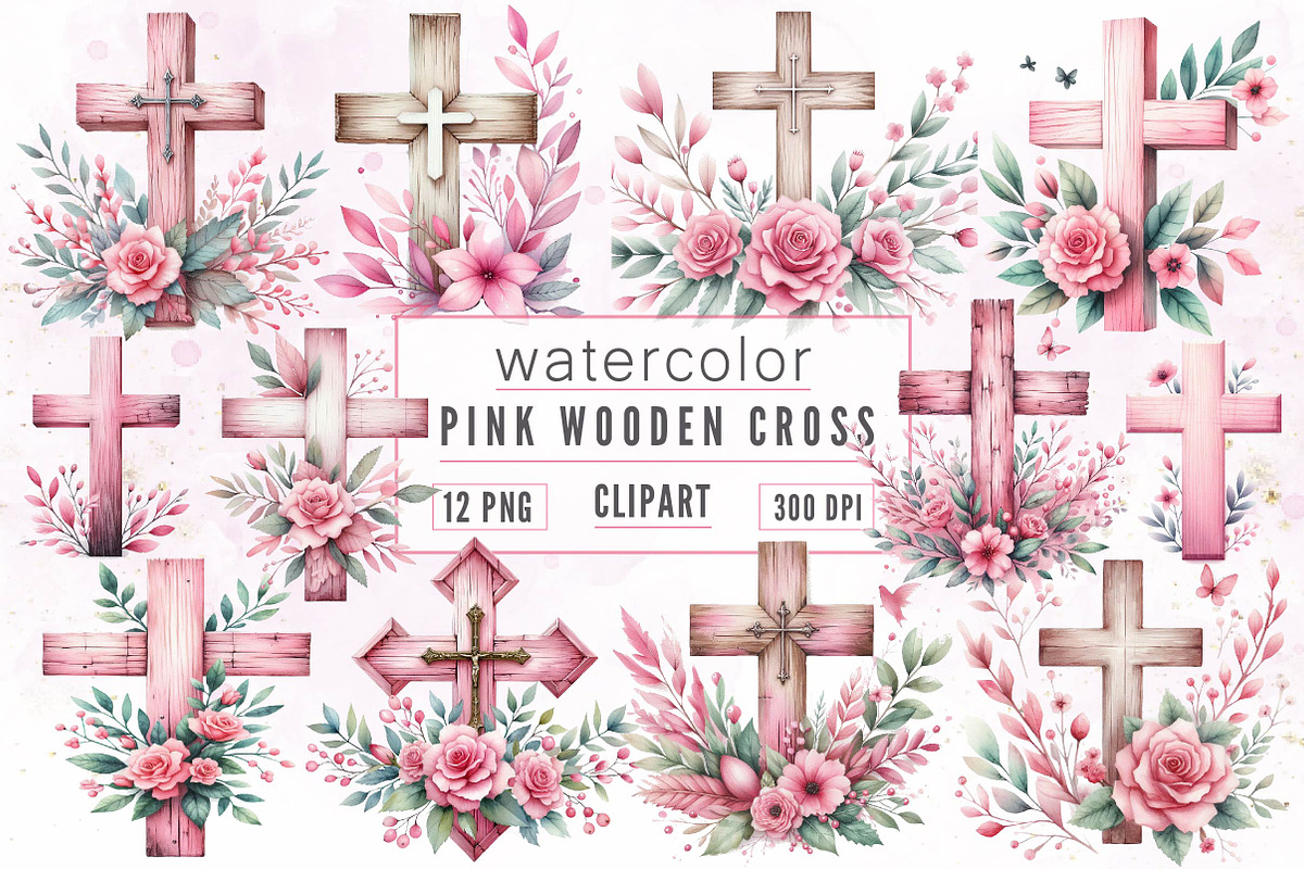 Watercolor Pink Wooden Cross Clipart, a Work Illustration by Dream Creation