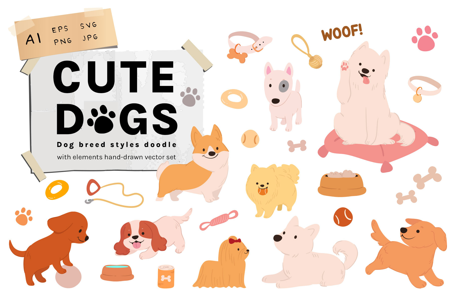 Cute dog breeds vector set | Creative Market