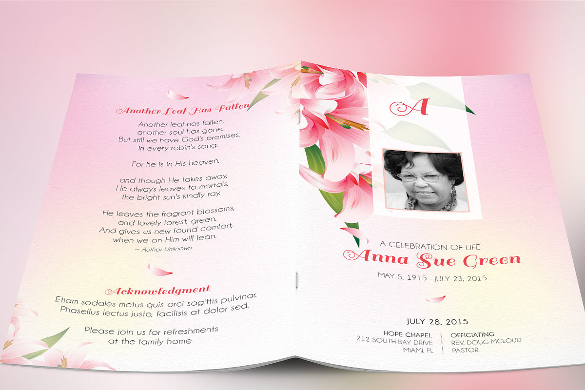 Petals Funeral Program Photoshop, a Templates & Theme by Godserv Designs