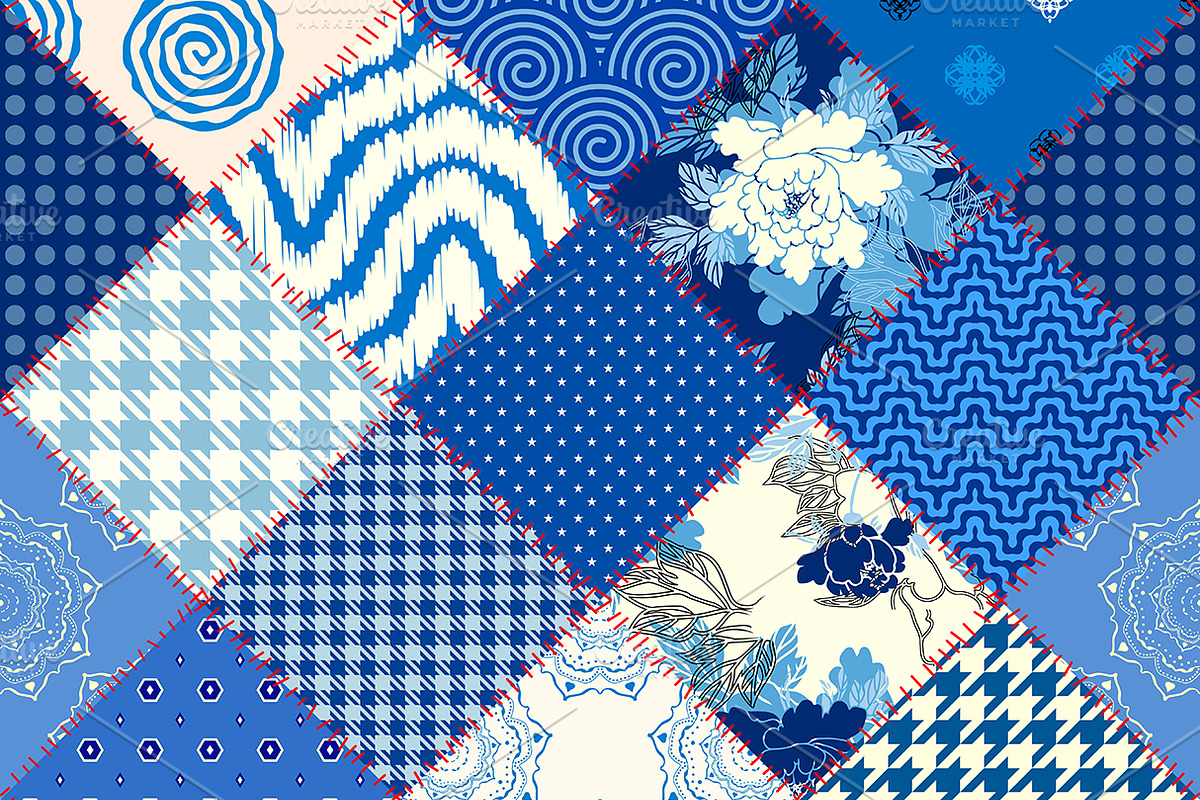 Seamless blue patchwork patterns