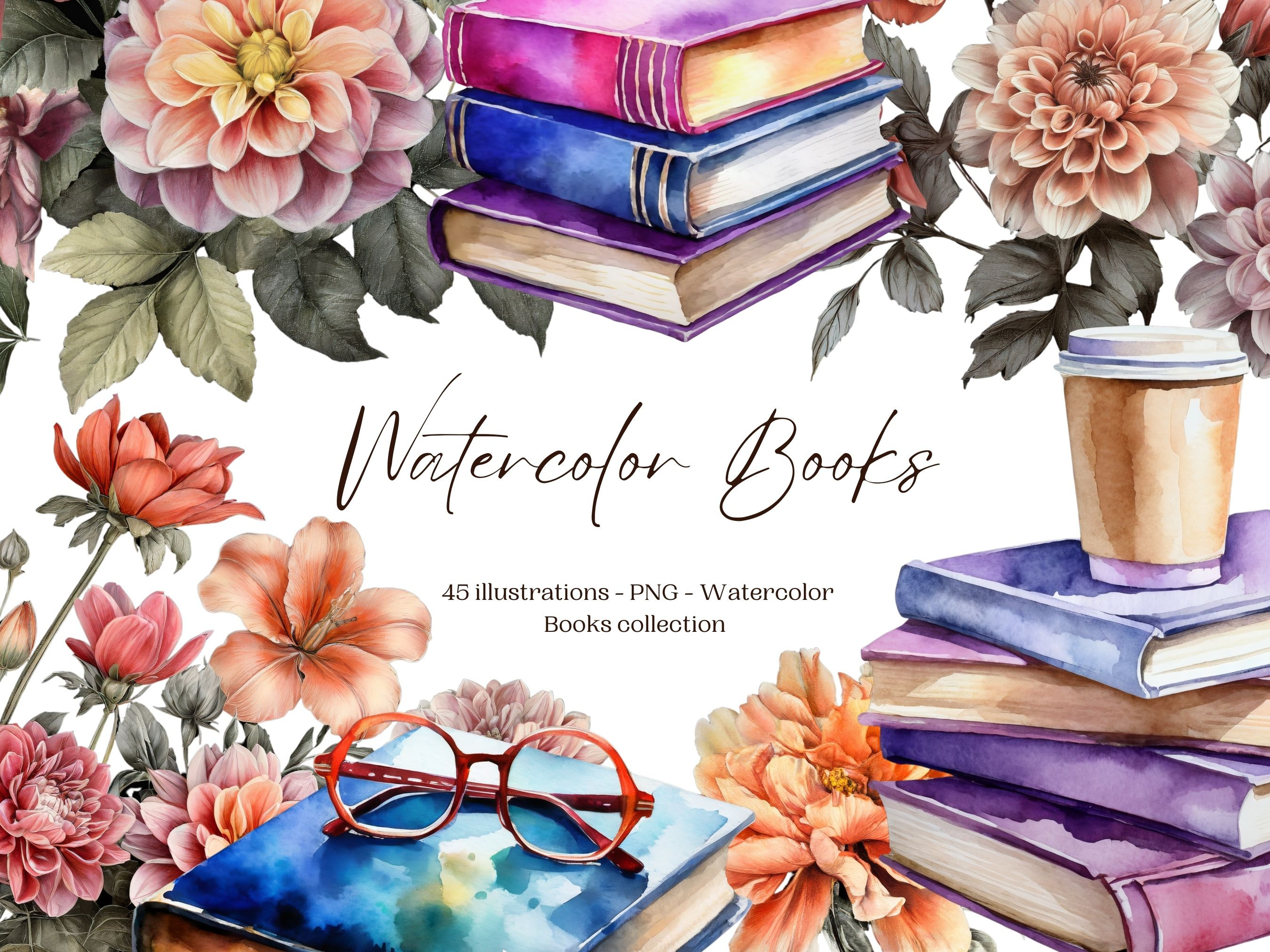 Watercolor books PNG clip art bundle, an Object Illustration by Little ...