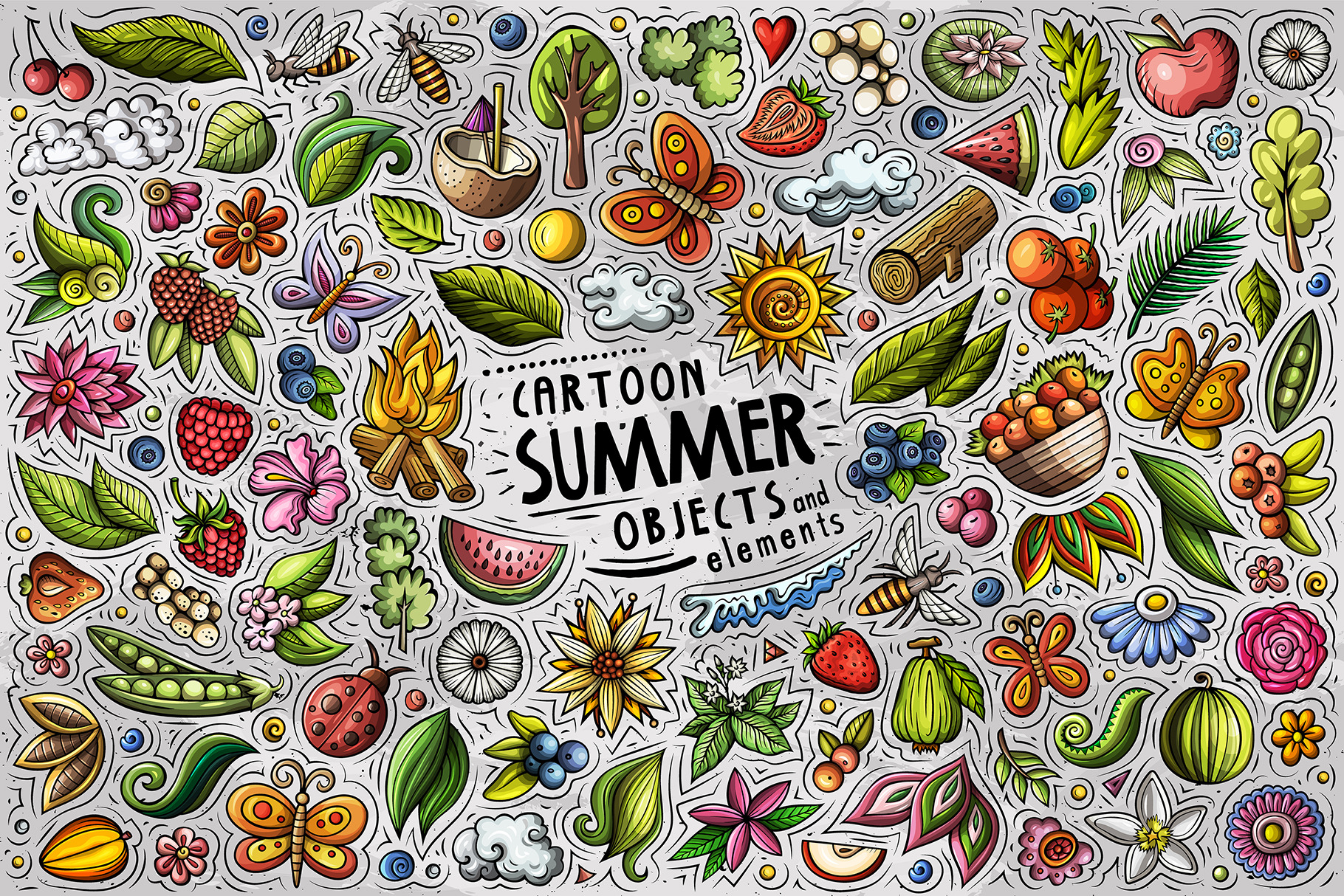 Summer Nature Cartoon Objects Set, a Decorative Illustration by ...