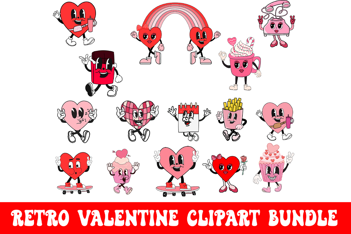 Retro Valentine day Clipart Bundle