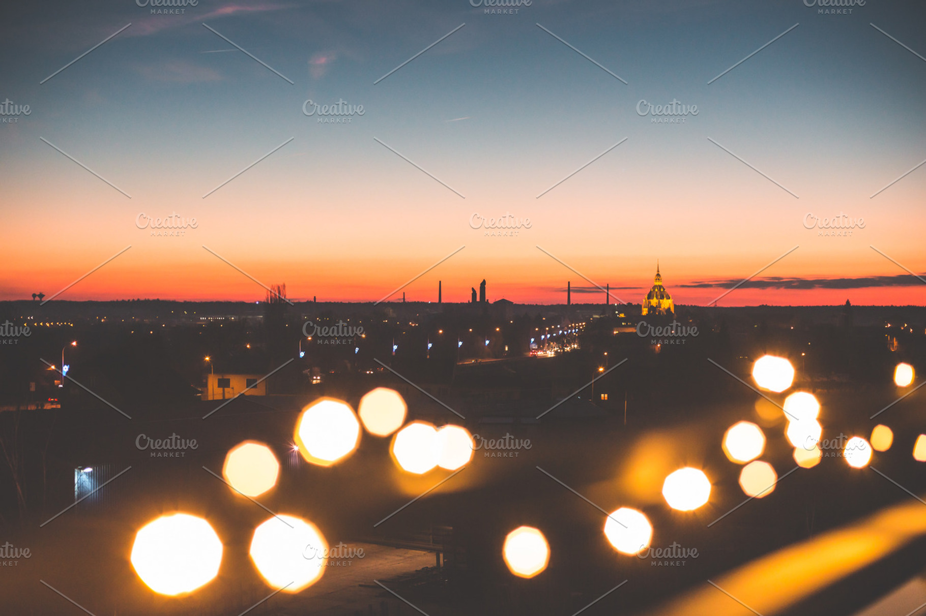 Sunset cityscape with bokeh lights stock photo containing bokeh and ...