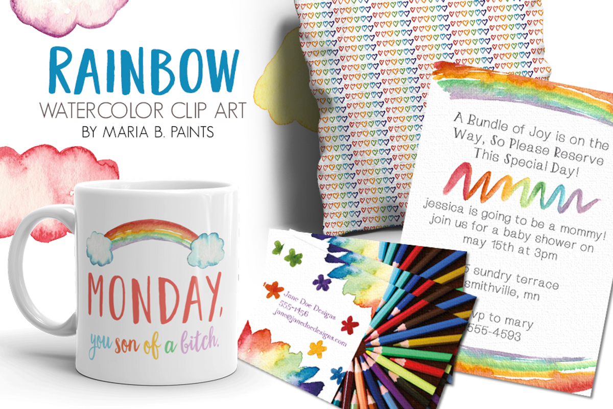 Watercolor Clip Art - Rainbow, Cloud, an Illustration by Maria B. Paints