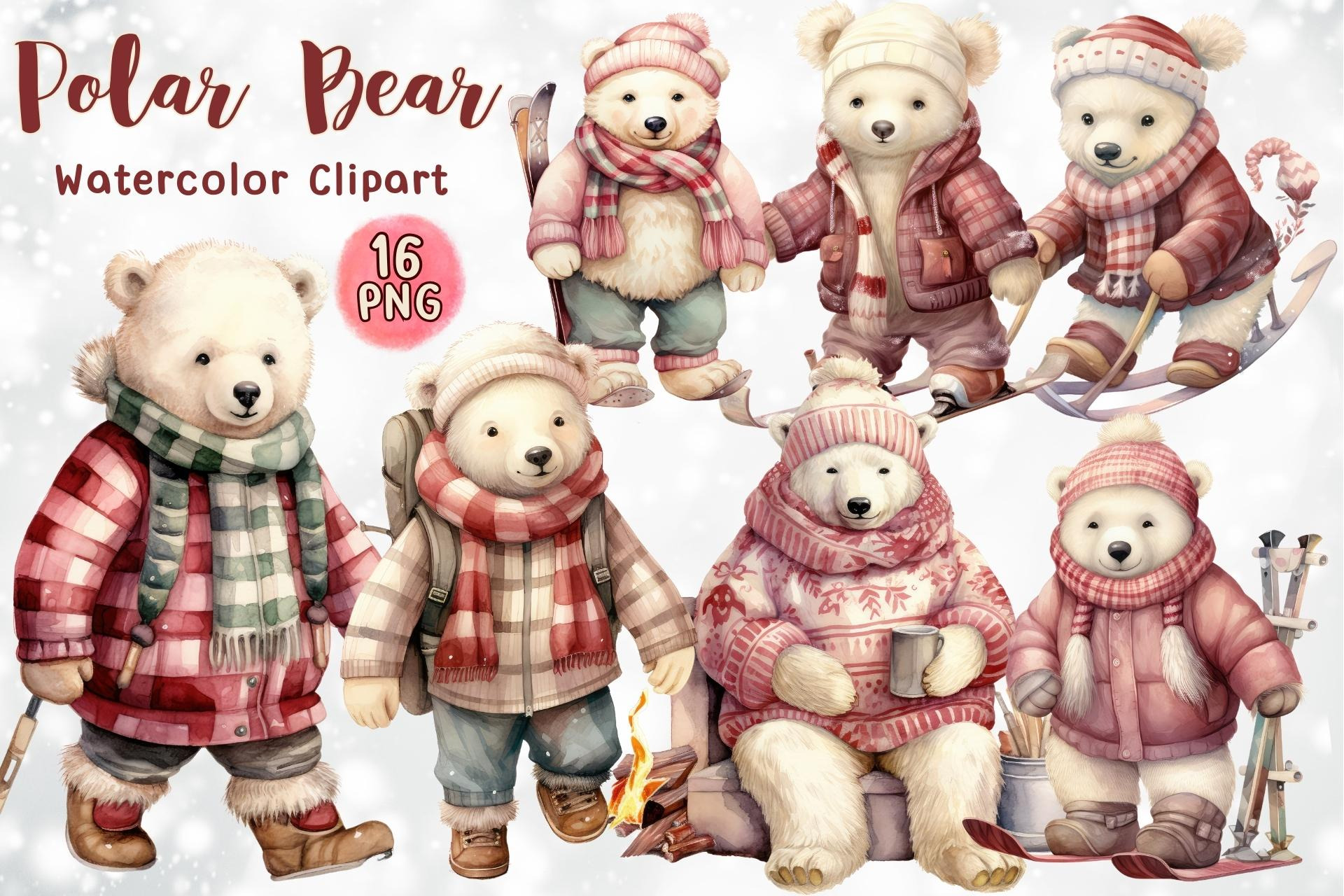 Winter Polar Bear Watercolor Clipart, an Animal Illustration by Maysa Art