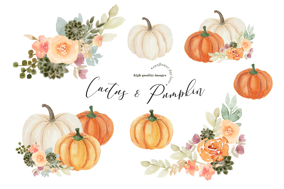 Orange Pumpkins Green Cactus Clipart, an Illustration by Sunflower Day Love