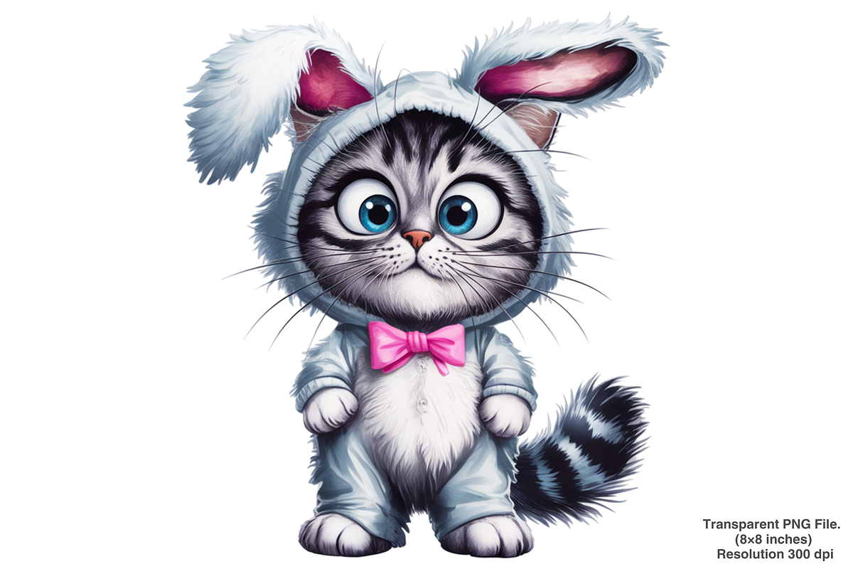 Cute Cat in Bunny Costume PNG Bundle, an Illustration by Nebi Begum