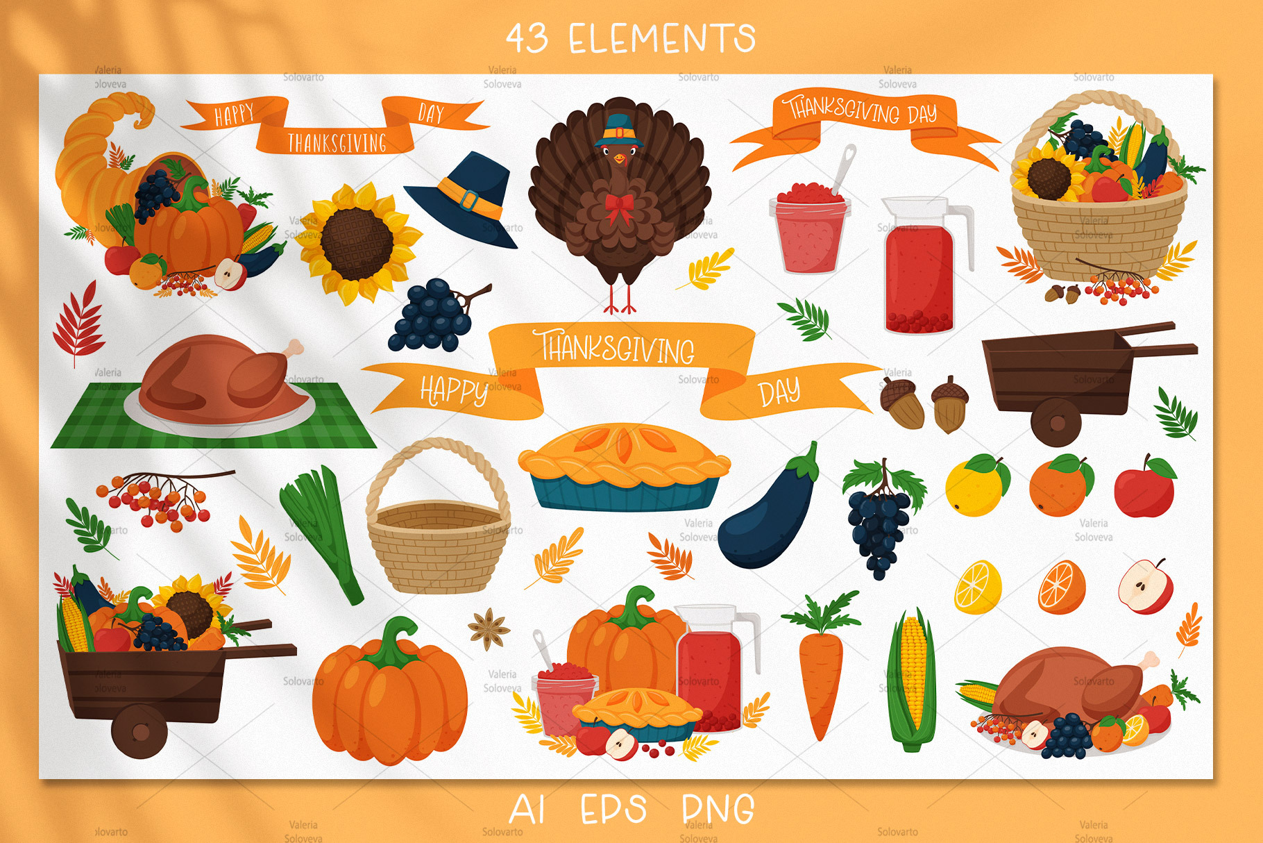Thanksgiving day clipart set EPS, PNG | Creative Market