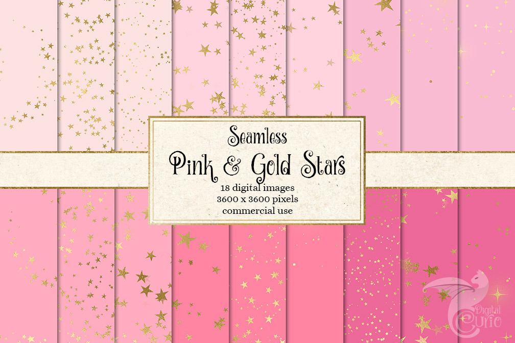 Pink and Gold Star Digital Paper, a Pattern Graphic by Digital Curio