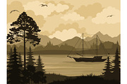 Landscape with Ship on Lake | Illustrations ~ Creative Market
