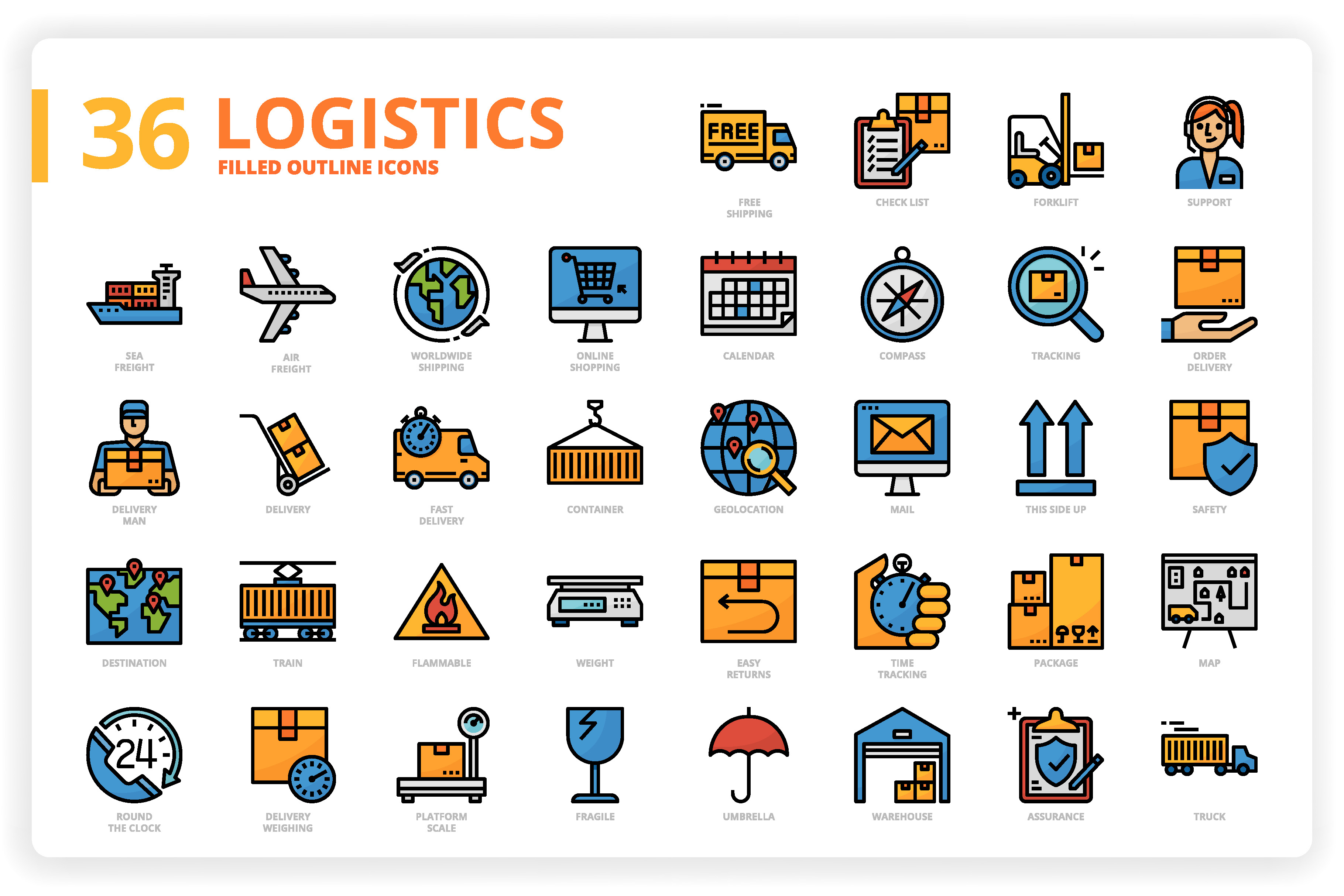 36 Logistics Icons x 3 Styles, an Outline Icon by monkik