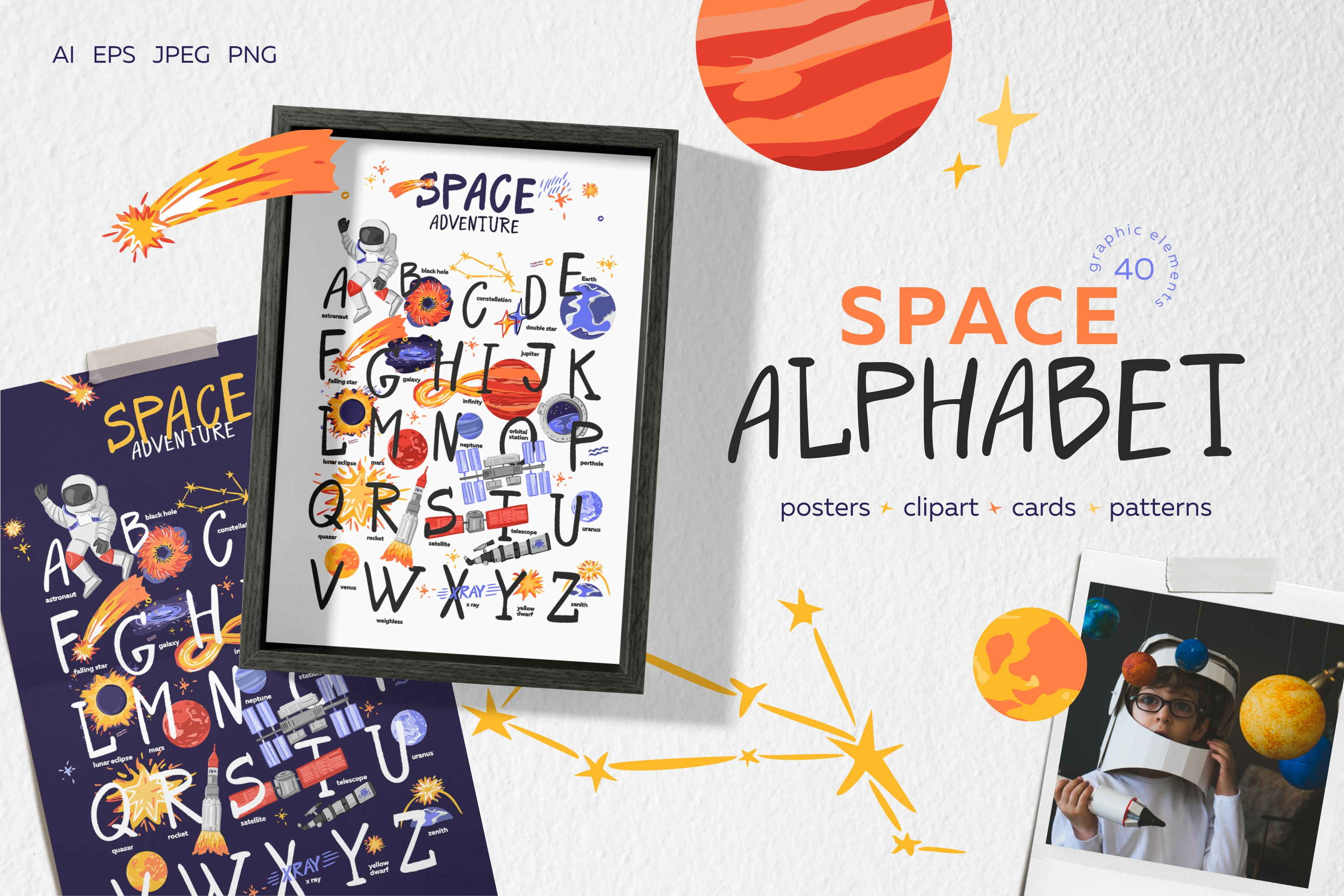 Space alphabet symbols patterns poster