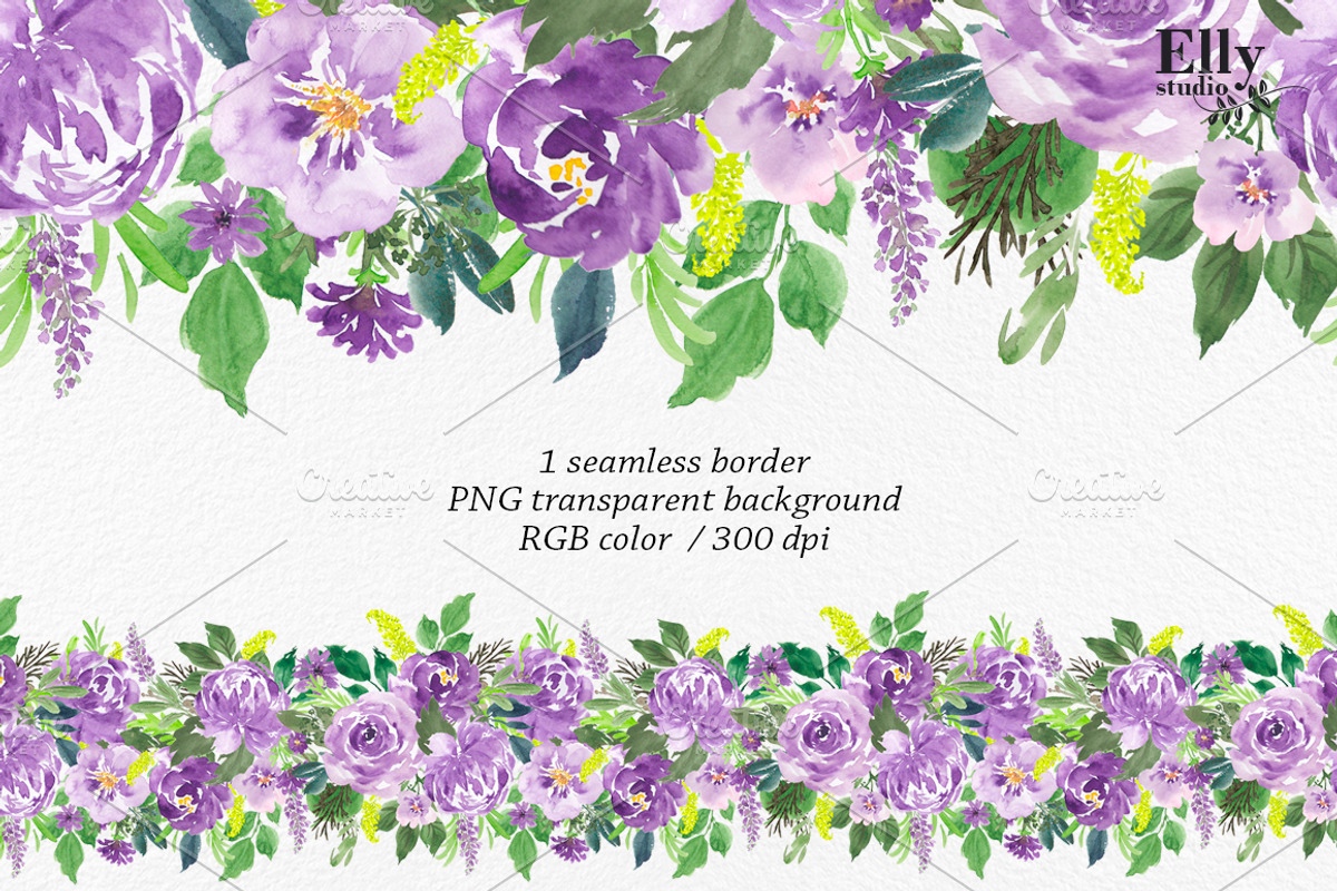 Purple Watercolor Flowers Clip Art, an Illustration by Elly Studio