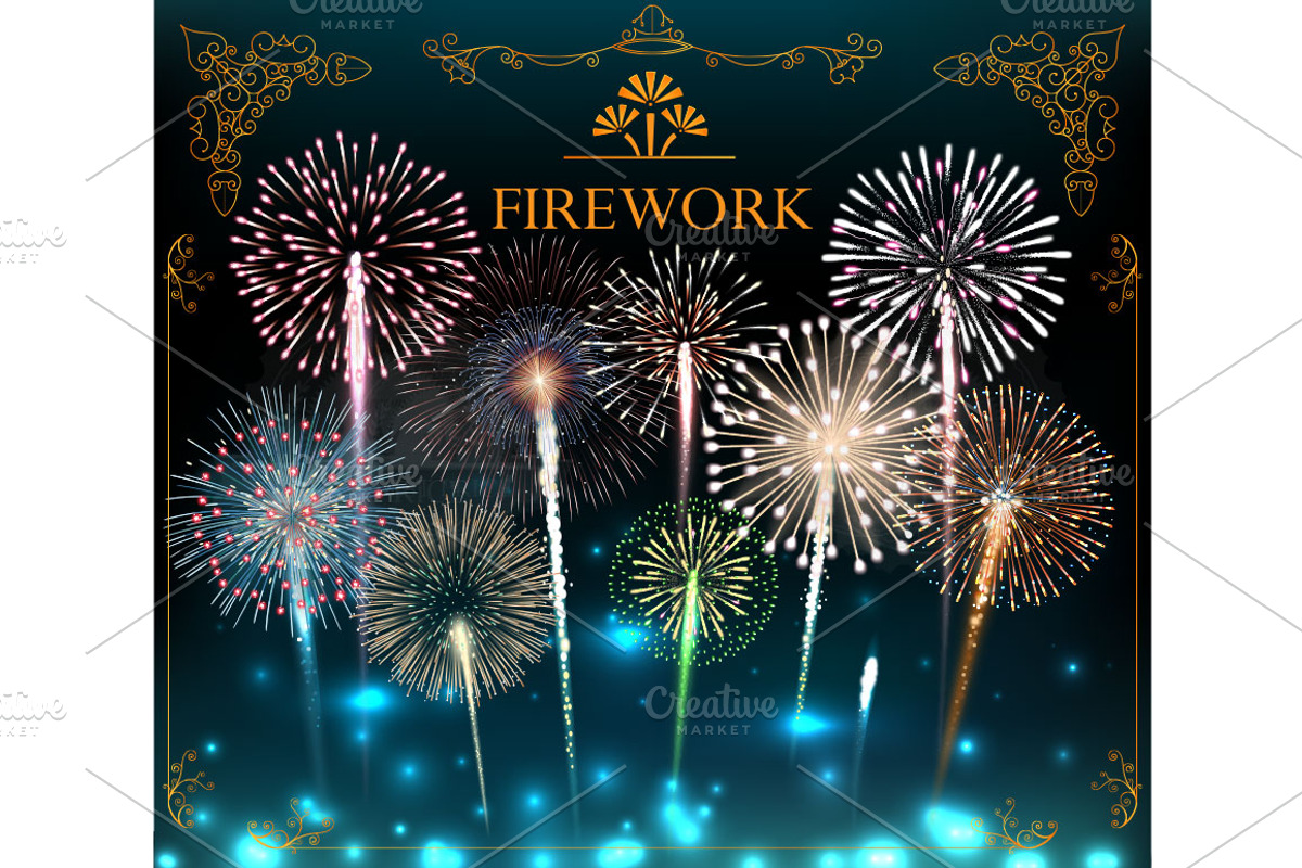 Set of fireworks, festive banner, a Decorative Illustration by Yayasya ...