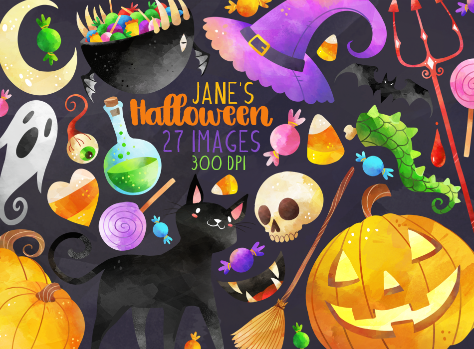 Watercolor Halloween Clipart, an Illustration by DigitalArtsi