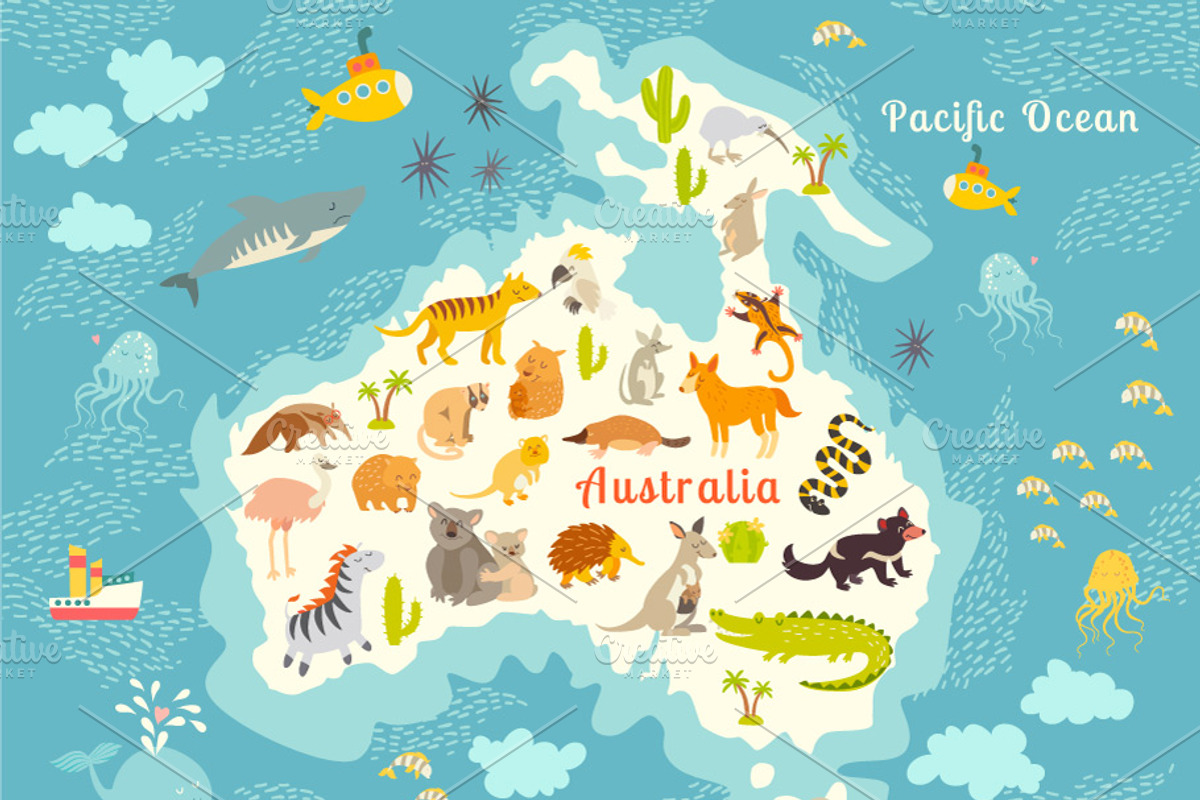 Animals world map, Australia, an Animal Illustration by Rimma