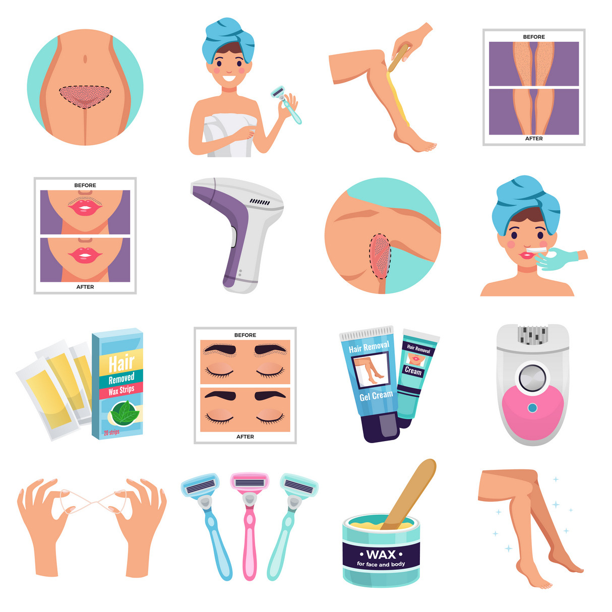 Hair removal icons set, an Icon by Macrovector