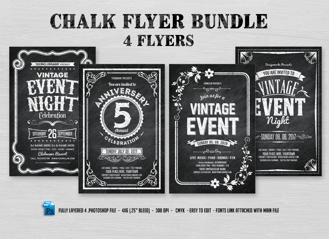 4 Chalk Flyers Bundle, a Flyer Template by DesignWorkz
