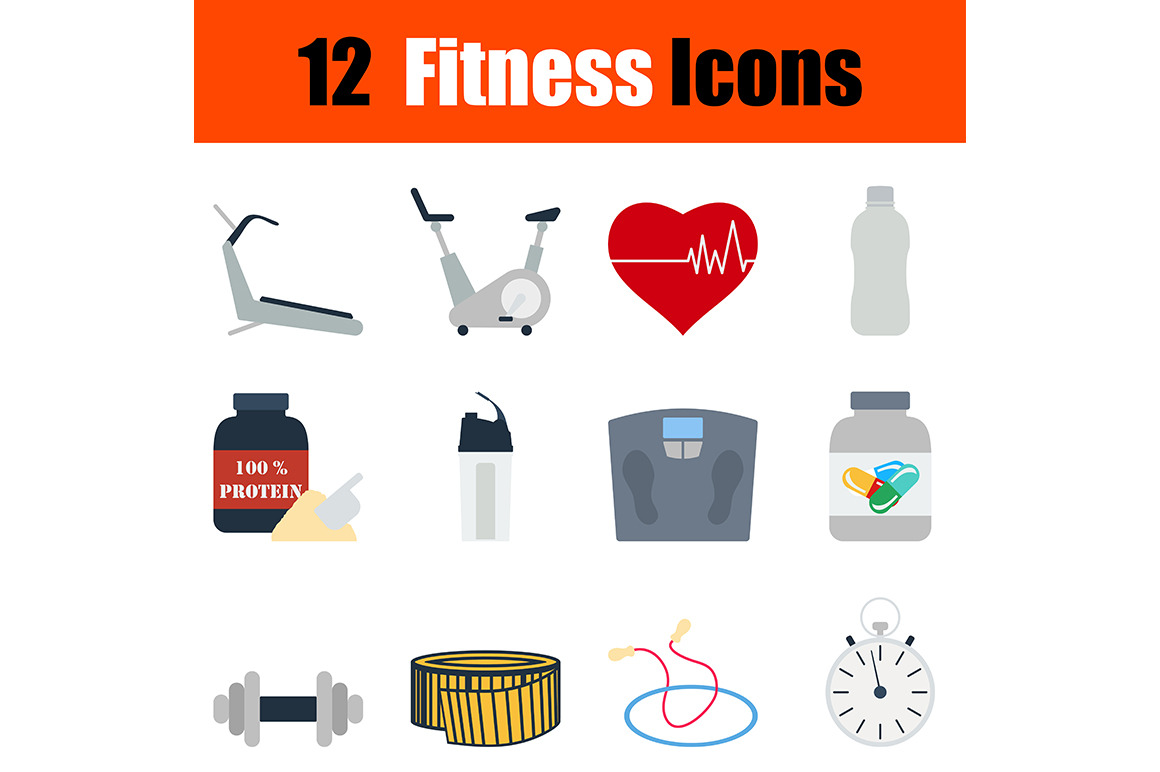 12 fitness flat design icons, an Icon by Pavel Vectors