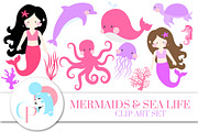 Mermaid and Sea Life Pink Clip Art | Illustrations ~ Creative Market