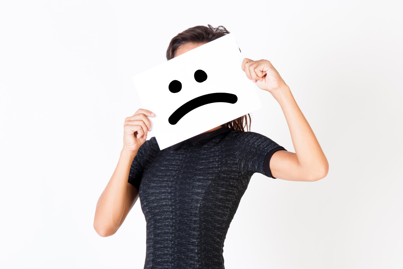 Woman in elegant dress holding dissatisfied face paper, a Person Photo ...