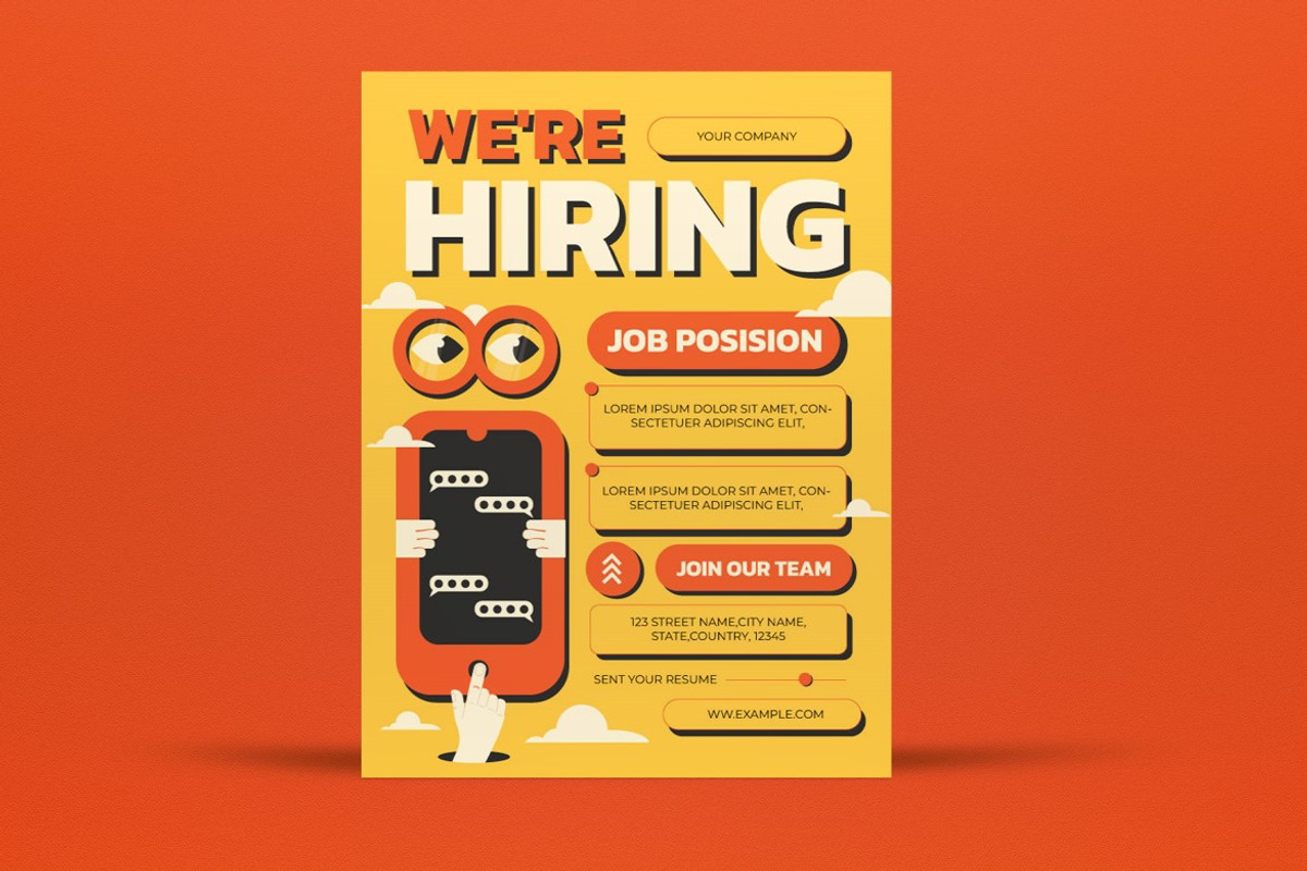 Yellow Retro We're Hiring Flyer, a Flyer Template by graphicook