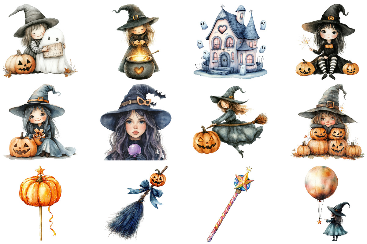 Playful Witch Clipart PNG Set, an Illustration by VintageArt | Creative ...