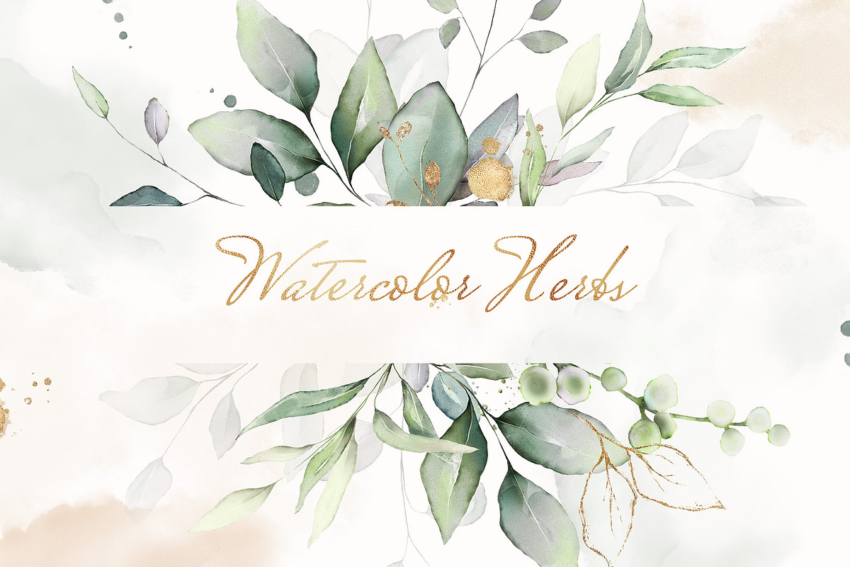 Green watercolor herbs, leaves, a Decorative Illustration by Lisima
