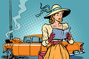 Woman crash car retro funny, a Person Illustration by studiostoks