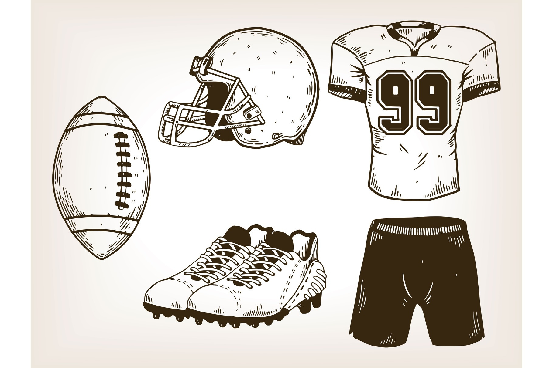 American football equipment engraving vector | Object Illustrations ...