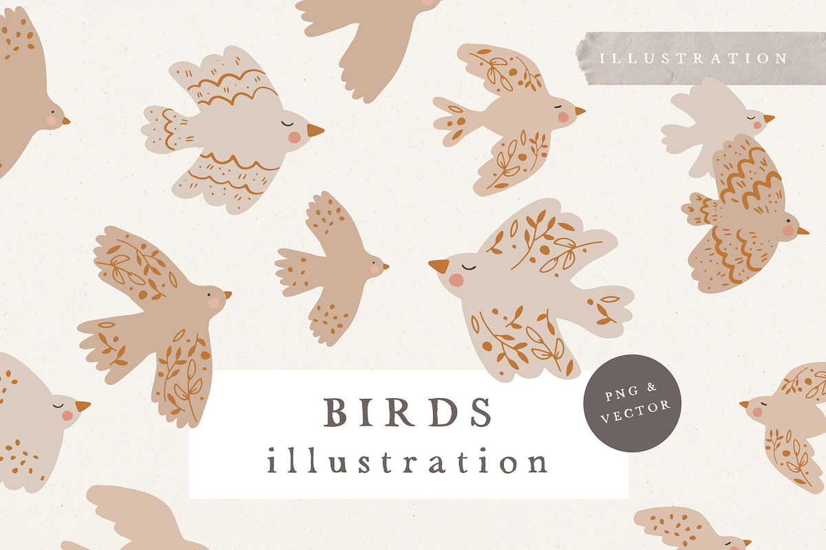 BIRDS BOHO BEIGE / vector & png, an Illustration by KruthDesign