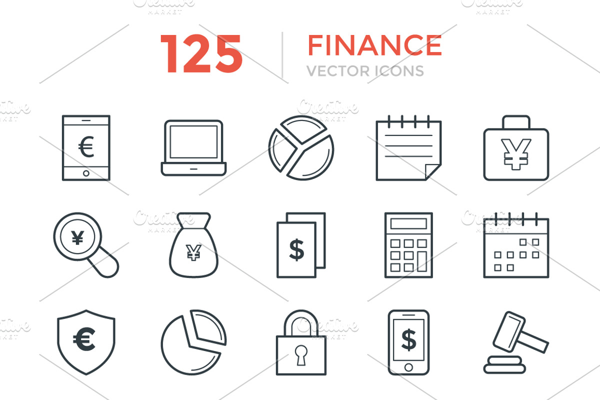 125 Finance Vector Icons, an Outline Icon by Vectors Market