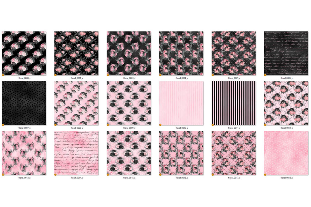 Pink and Black Floral Digital Paper, a Pattern Graphic by Digital Curio