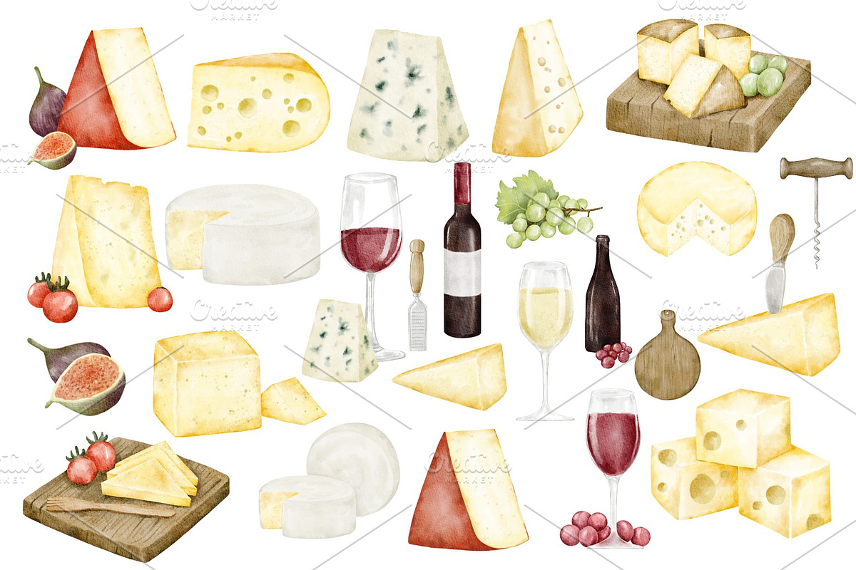 Watercolor Wine and Cheese Clipart, a Food Illustration by ...